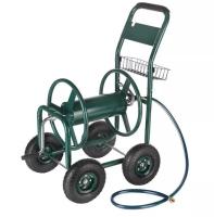 China Convenient Garden Hose Cart With Wheels With Basket And Water Hose Holder for sale