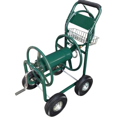 China Sturdy Iron Garden Water Hose Reel Cart With Four Metal Wheels Durable Construction for sale