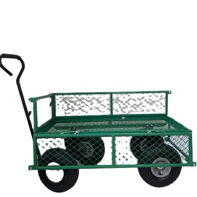 China Four-wheel Green Trailer Cart Heavy Duty Metal Gardening Trolley for sale