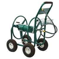 China Green Iron Garden Water Hose Reel Cart with Four Metal Wheels for sale