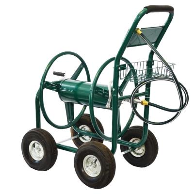 China Green Iron Garden Water Hose Reel Cart with Four Metal Wheels for sale