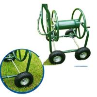 China Green Iron Garden Water Hose Reel Cart with Four Metal Wheels for sale