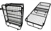 China Mail Packing Hotel Single Bed Mattress Metal Foundation Folding Bed Frame with Wheels for sale