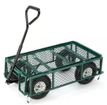 China Green Outdoor Four Wheel Metal Mesh Cart Wagon with Heavy-Duty Construction for sale