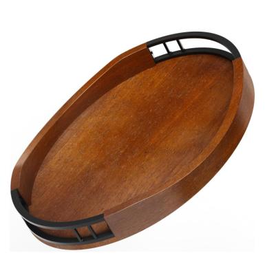 China Rustic Solid Oak Wood Multifunctional Wood Nuts Serving Tray Round Wooden Decorative Ottoman Tray for sale