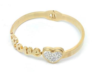 China Romantic Clear Crystal Heart  Stainless Steel Bangle Bracelets18k Gold Love Alphabet for sale