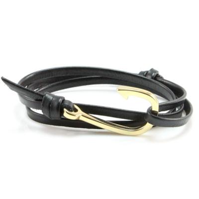China Anchor Hook Genuine Cowhide Stainless Steel Bangle Bracelets With Black Leather for sale