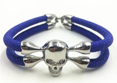 China Wholesale Stingray Leather Bracelet Silver Skull with White Zircon, Men's Fashion Stingray Bracelets for sale
