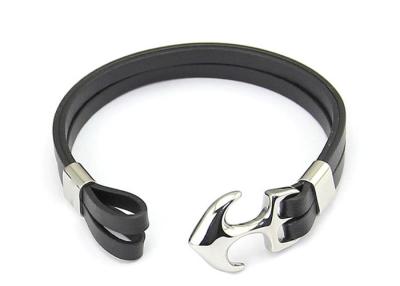China Wholesale New Design Black Genuine Leather 316L Stainless Steel Men Fashion Anchor Bracelet for sale