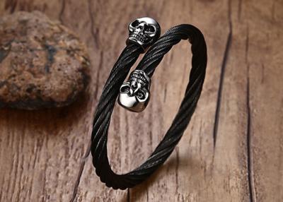 China Fashion Punk Style316L Stainless Steel Wire Cable Twist Skull Cuff Bangle Stretch Bangle Bracelet for Men for sale