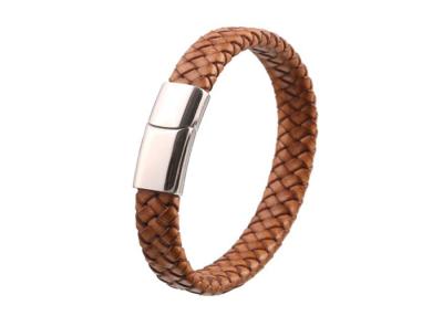 China Black/Brown Genuine Leather Men's Stainless Steel Magnetic Clasp Bangle Bracelet for sale