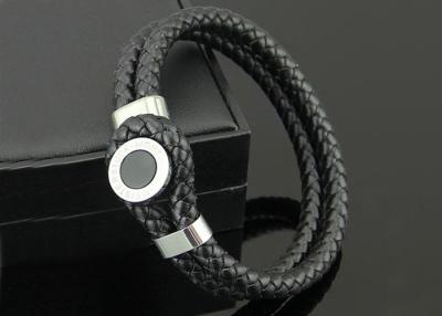 China Stainless Steel Bangle Charm Bracelets Mens With Double Braided Genuine Leather for sale