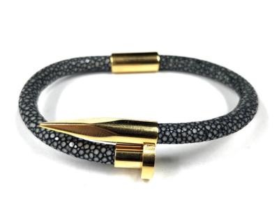 China High Quality Handmade Stainless Steel Genuine Python Leather Nail Bracelet Bangle for sale