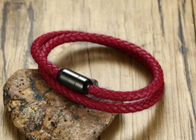 China Double Woven Genuine Leather Clasp Bracelet 39CM Stainless Steel Black IP Plated Magnet Buckle for sale