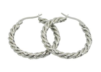China Large 35mm Full Round Twist Wire Circle Mens Silver Hoop Earrings Stainless Steel for sale