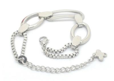China Silver Plated Stainless Steel Bangle Bracelets With Flat Oval Circle Charms And Chain Link for sale