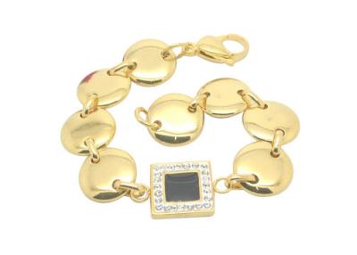China Flat Round Charms Link Stainless Steel Bangle Bracelets , Double Layer Clear Crystal Circle for sale