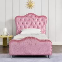 China Pink Color Light Upholstered Bed Frame With Crown Headboard Storage Crystal Buttons for sale