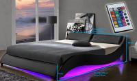 China King Size Soft Upholstered Bed Frames PU Synthetic Leather Curve Shape With LED Headboard for sale