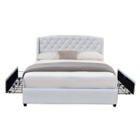 China Two LED Ears Faux Leather Queen Size Upholstered Bed 4 Mental Drawers Tufted Buttons for sale