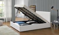 China Easy Assemble Gas Lift Storage Bed White PU Leather Upholstered Plywood Bed Frame for sale