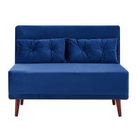 China Tri Foldable Blue Velvet Upholstered Daybed 2 Seater Pull Out Sofa Bed for sale