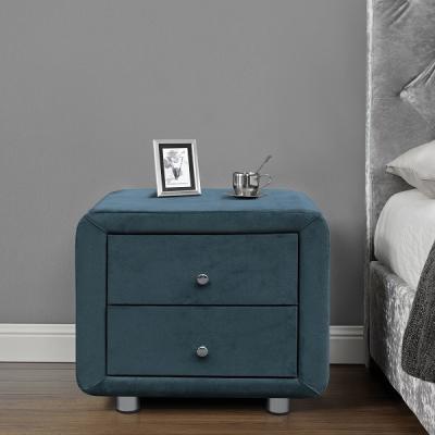 China Modern Upholstered Fabric Bedside Table Linen Grey Velvet Nightstand 2 Drawers for sale