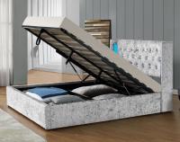 China Comfortable Silver Fabric Gas Lift Storage Bed Crush Velvet With LED Light Headboard for sale