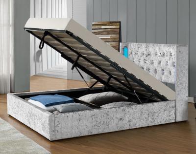 China Comfortable Silver Fabric Gas Lift Storage Bed Crush Velvet With LED Light Headboard for sale