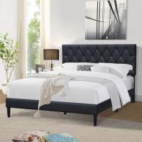China Twin Size Upholstered Bed Frame Black Leather Adjustable Headboard Tufted Buttons for sale