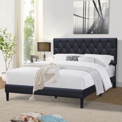 China Twin Size Upholstered Bed Frame Black Leather Adjustable Headboard Tufted Buttons for sale