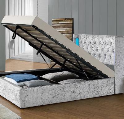 China Grey Crushed Velvet Fabric Upholstered Bed Manufacturers With LED And Crystal Buttons for sale