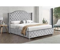 China Customized Silver Grey Upholstered Bed Velvet Fabric Button Tufted High Headboard for sale