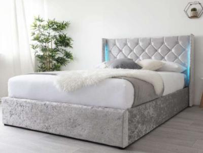 China Queen Size Grey Crushed Velvet Plywood Bed With LED Light Headboard Both Side for sale