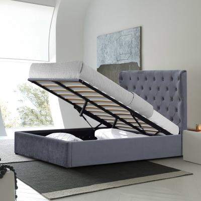China Grey King Size Upholstered Storage Bed Frame Plywood Easy Assemble With Ears Headboard for sale