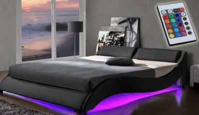 China Wholesale Upholstered Plywood Bed Frame Wave Shape PU Leather With LED for sale