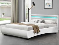 China EN-1725 Modern White Pu Leather Bed Frame With Remote Control LED Light for sale