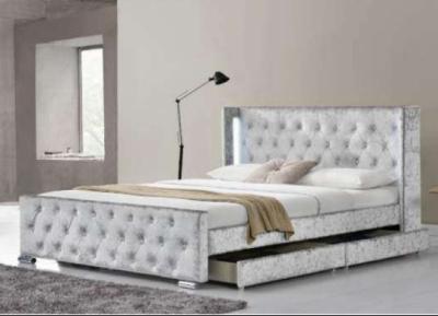 China Comfortable Silver Fabric Gas Lift Storage Bed Crush Velvet With RGB LED Light Headboard for sale