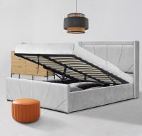 China Light Grey Fabric OEM Platform Storage Bed Frame With Upholstered Winged Headboard for sale