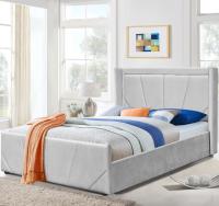 China Light Grey Fabric OEM Platform Storage Bed Frame With Upholstered Winged Headboard for sale