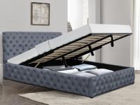 China Light Grey Velvet Gas Lift Storage Bed King Size Upholstered Tufted Bottons for sale