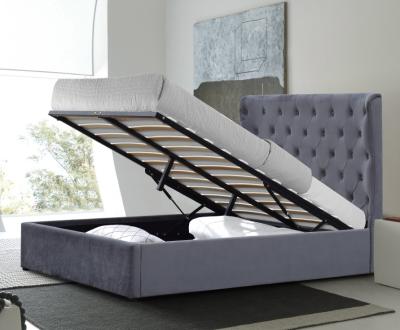 China King Size 500lbs Gas Lift Storage Bed Grey Velvet Fabric Tufted Buttons On Headboard for sale