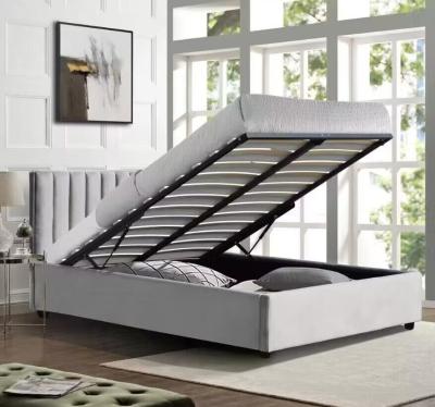 China Light Grey Velvet Fabric Gas Lift Storage Bed Frame Double Size for sale