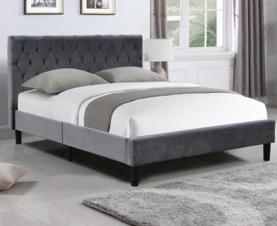 China Velvet Fabric Dark Grey Upholstered Bed Frame Queen Size With Buttons On Headboard for sale