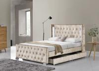 China LED Fabric Queen Size Upholstered Platform Bed Frame With 4 Drawers for sale