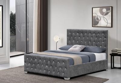 China Crystal Tufted Velvet Upholstered Bed Frame Luxurious Buttons High Headboard Style for sale