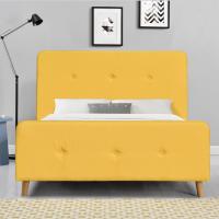 China Linen Fabric Upholstered Double Bed Frame Yellow Plywood for sale