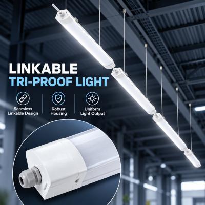 China IP65 IK08 LED Tri Proof Light 18W 35W 45W Linkable Waterproof LED Batten Light for Warehouse Factory Lighting for sale