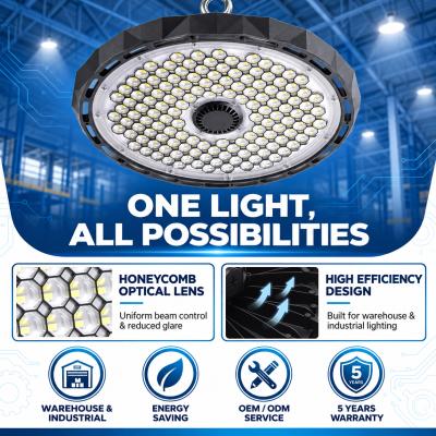 China OEM ODM 200W UFO LED High Bay Light IP65 Honeycomb Lens Industrial Luminaire for sale