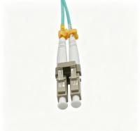 China Aqua Color 2.0mm PVC Duplex OM4 Multimode Fiber Patch Cord with Dual LC UPC Connectors, 15 Meters Length for sale